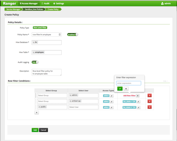 Row-level Filtering in Hive with Ranger Policies - Hortonworks Data Platform